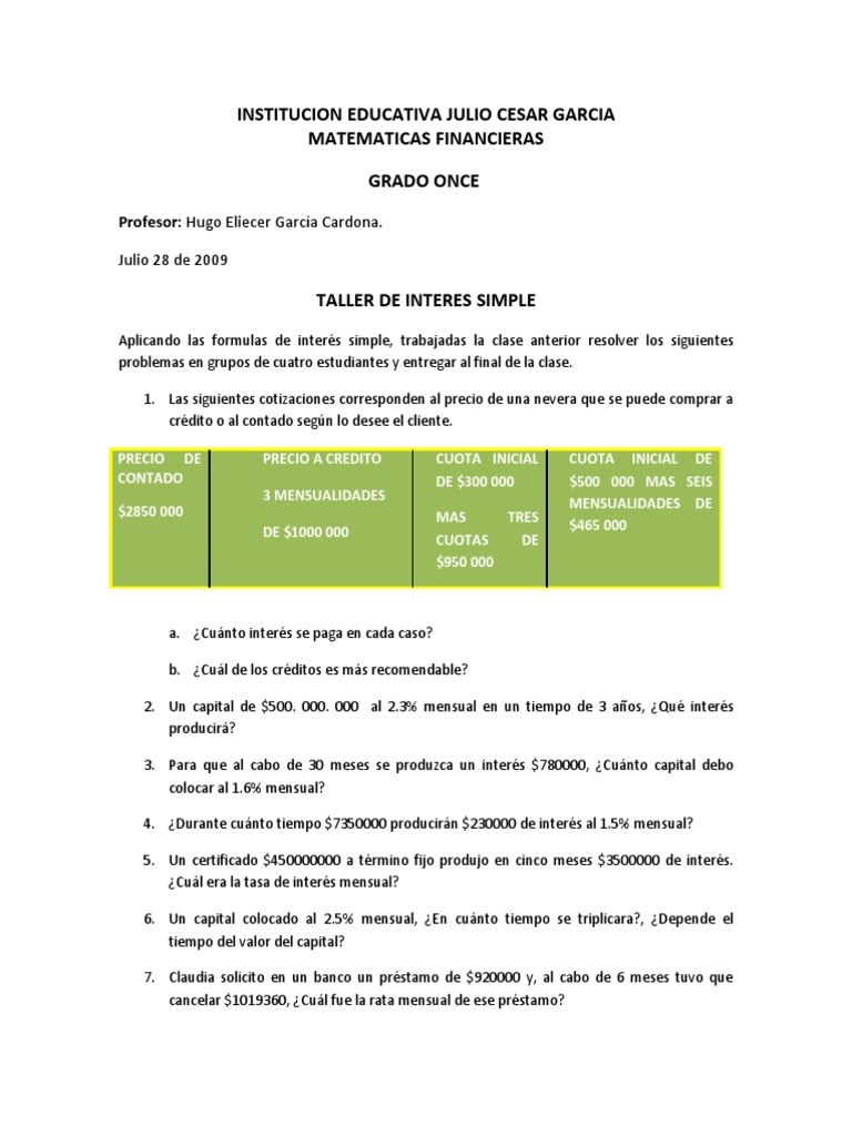 Taller de Interes Simple | PDF | Bancos | Interés
