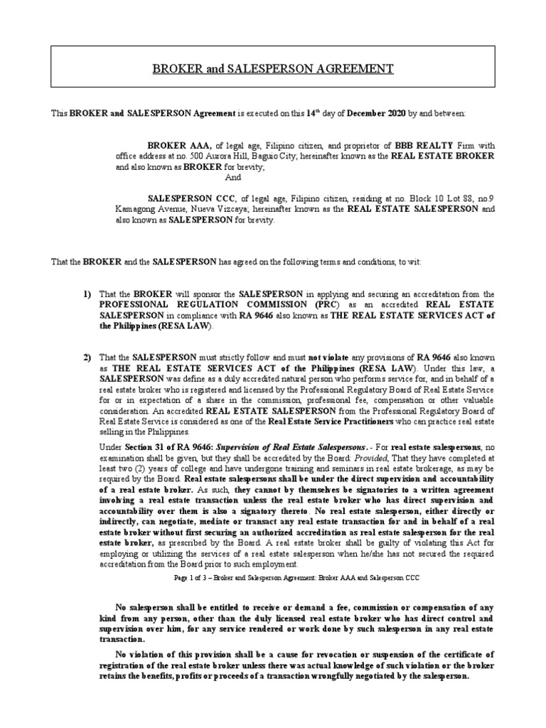 Broker and Salesperson Agreement - Sample Only | PDF | Real Estate ...