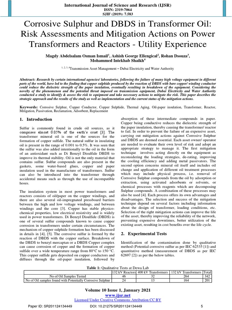 Corrosive Sulphur and DBDS in Transformer Oil: Risk Assessments and ...