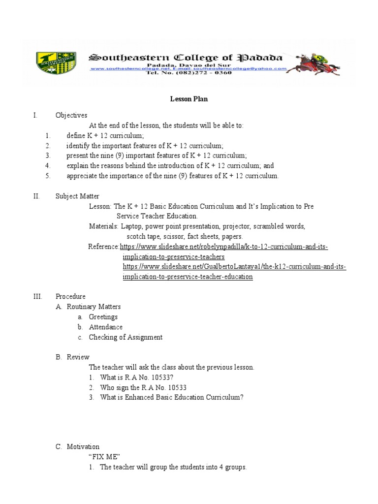 Lesson Plan in The K To 12 Basic Education Curriculum and It's ...