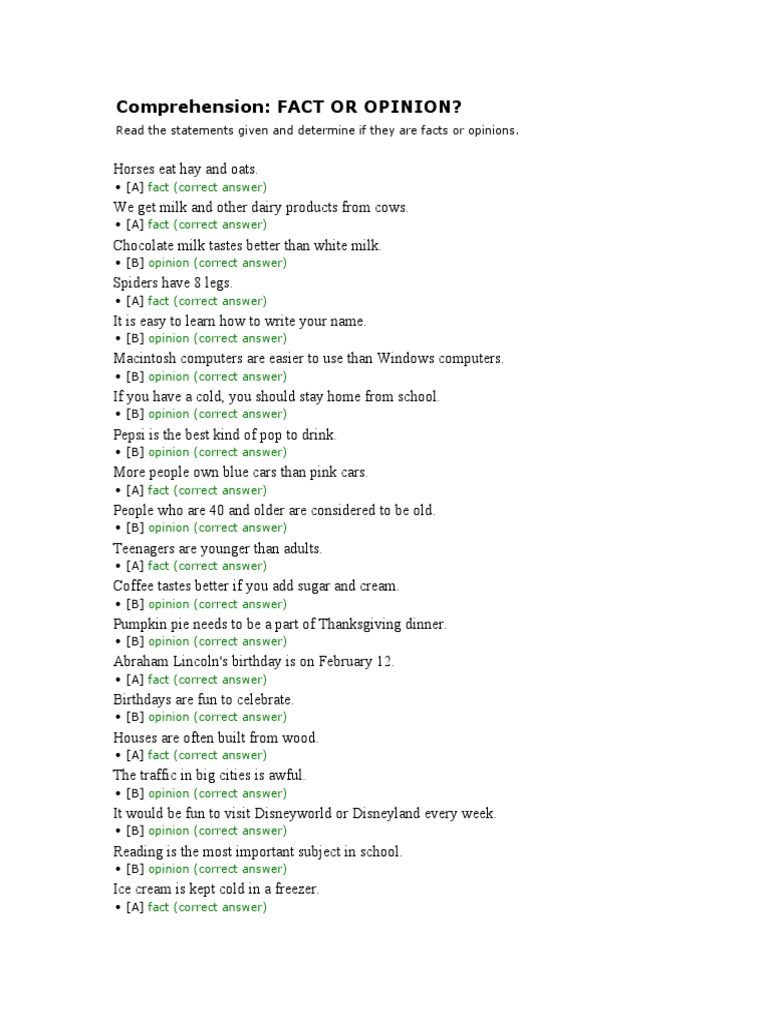 Comprehension: FACT OR OPINION?: Read The Statements Given and ...