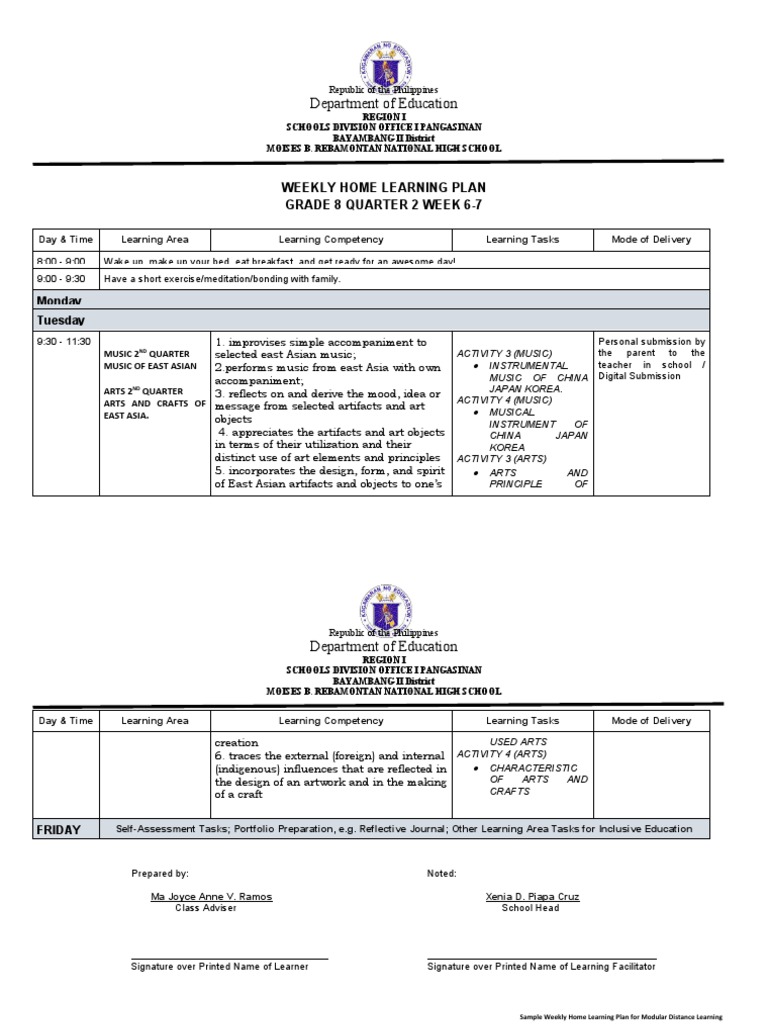 Weekly Home Learning Plan Mapeh 8 Week 5 | PDF | East Asia | Pedagogy