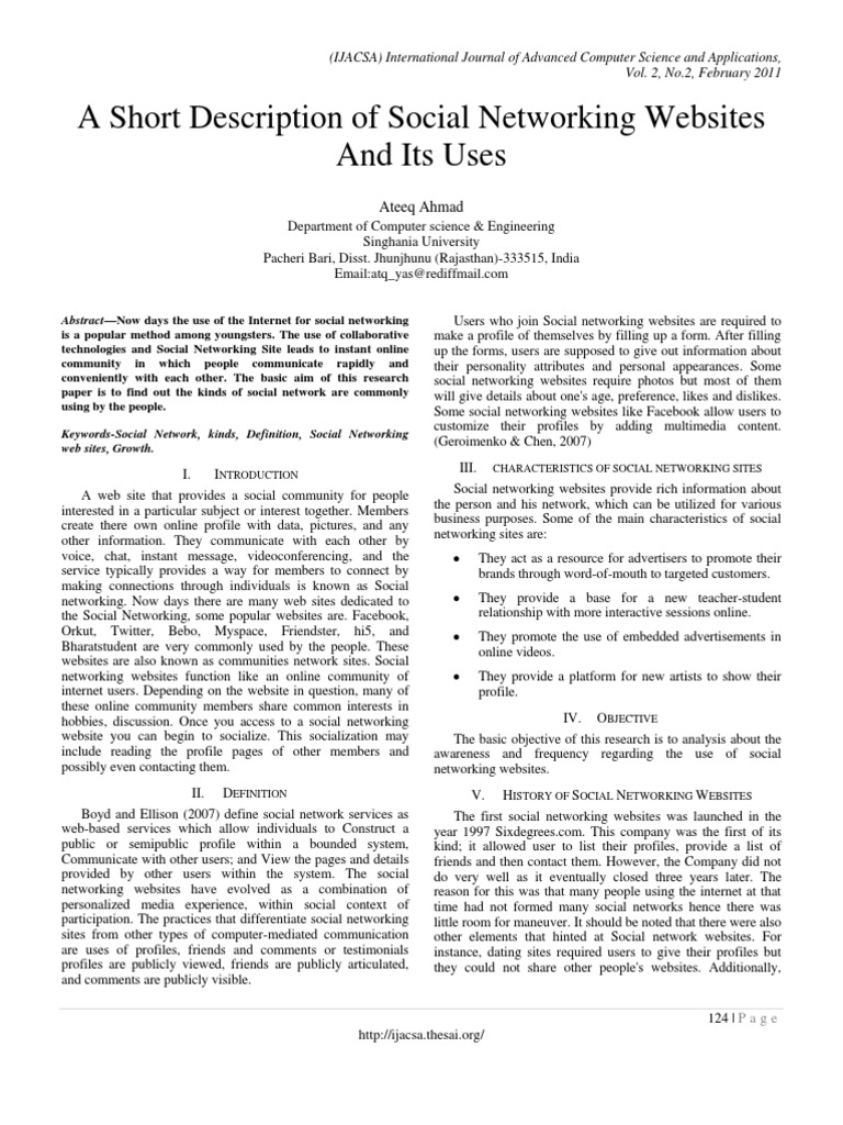 A Short Description of Social Networking Websites and Its Uses | PDF ...