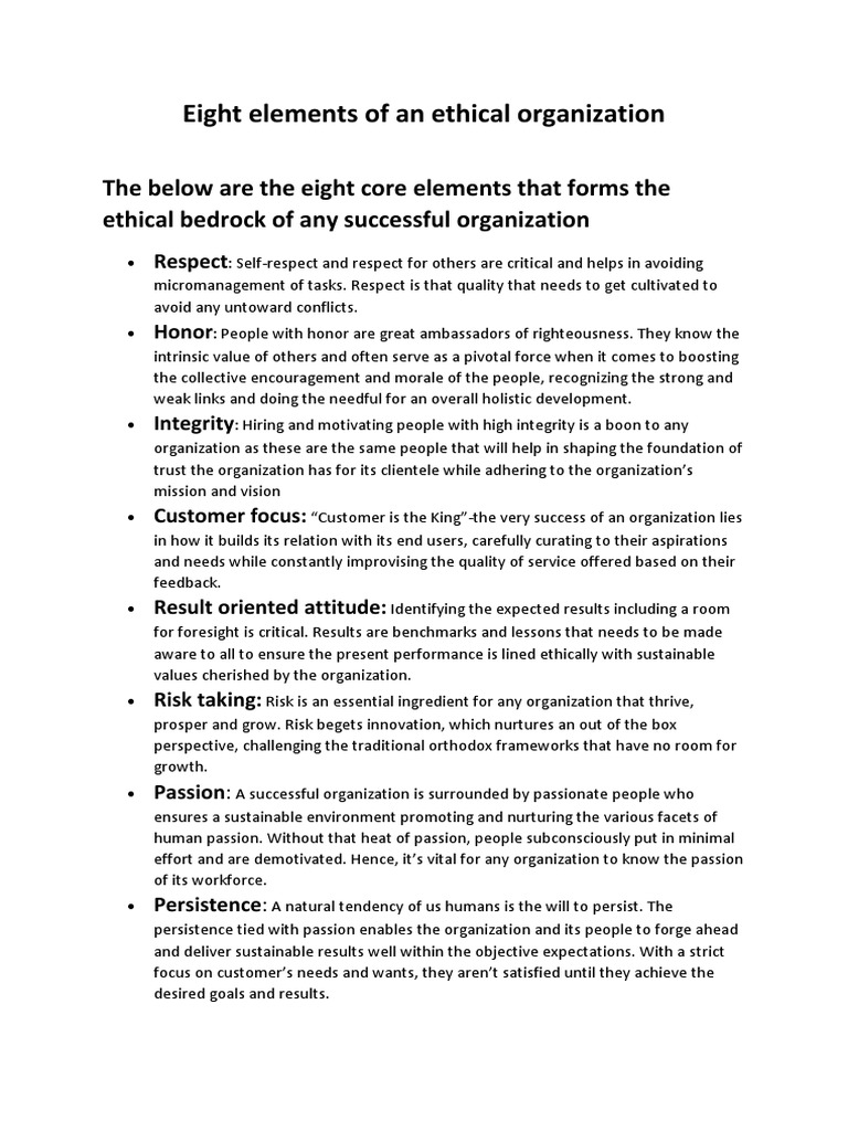 Eight Elements of An Ethical Organization | PDF | Goal | Human Nature