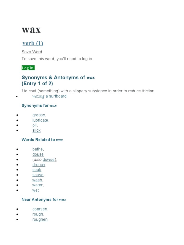 Verb (1) : Synonyms & Antonyms of Wax (Entry 1 of 2) | PDF | Chemical ...