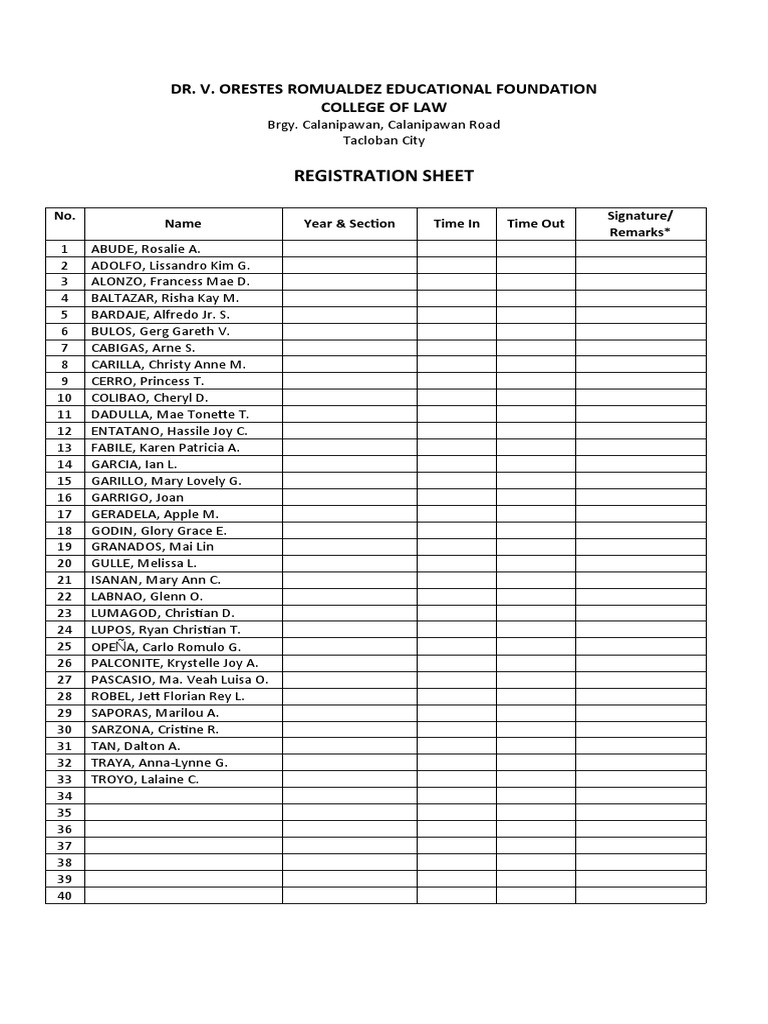 Registration Sheet: Dr. V. Orestes Romualdez Educational Foundation ...