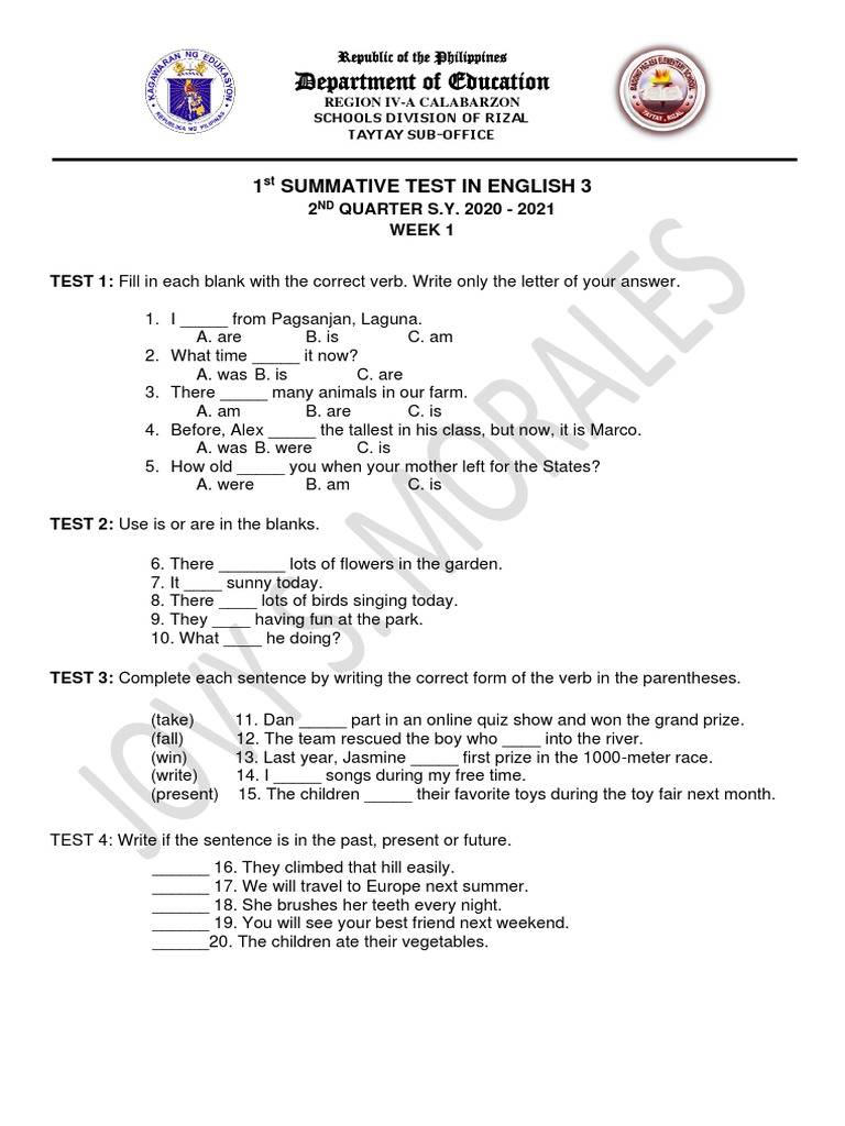SUMMATIVE TEST No 1-4 IN ENGLISH 3 - Q2 | PDF