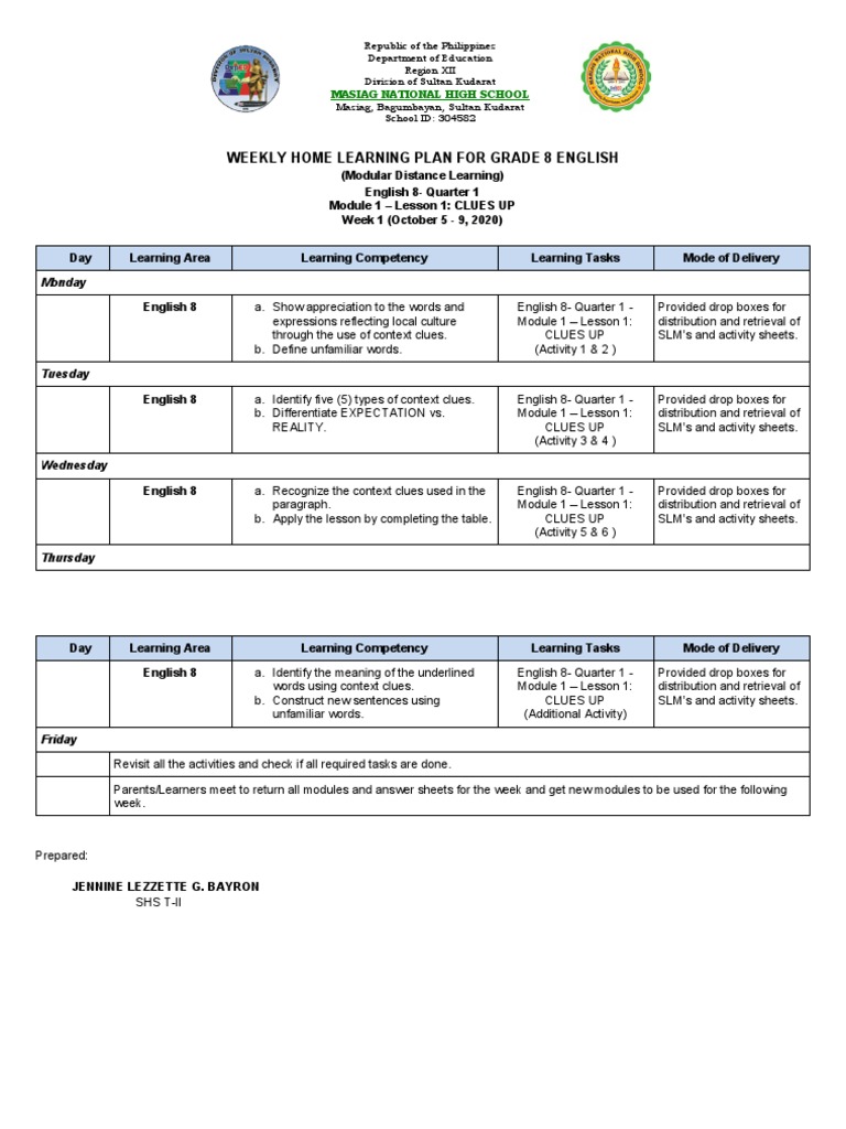 Weekly Home Learning Plan For Grade 8 English | PDF | Pedagogy | Teaching