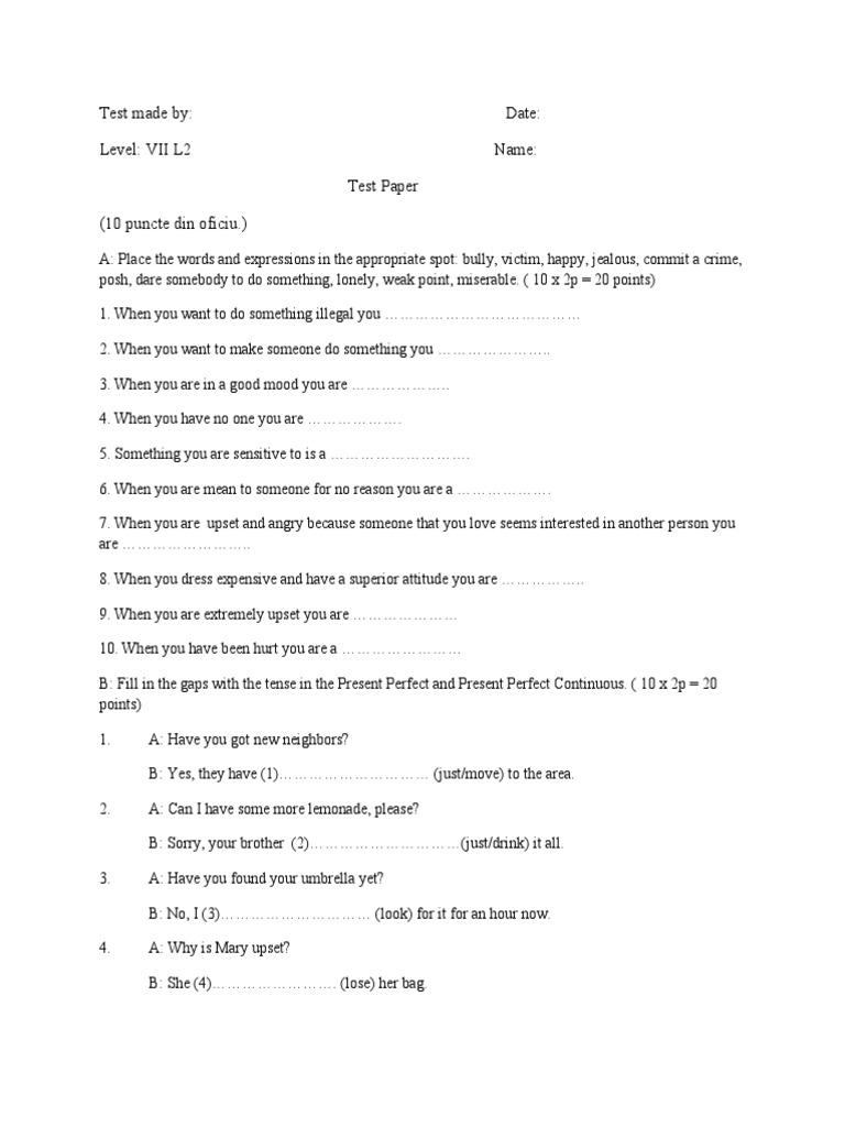 Test Engleză Clasa a 7-a | PDF | Language Arts & Discipline