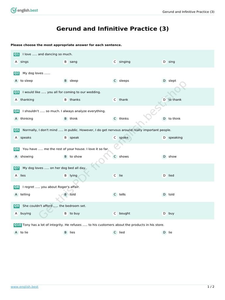 Gerund and Infinitive Practice (3) : Please Choose The Most Appropriate ...