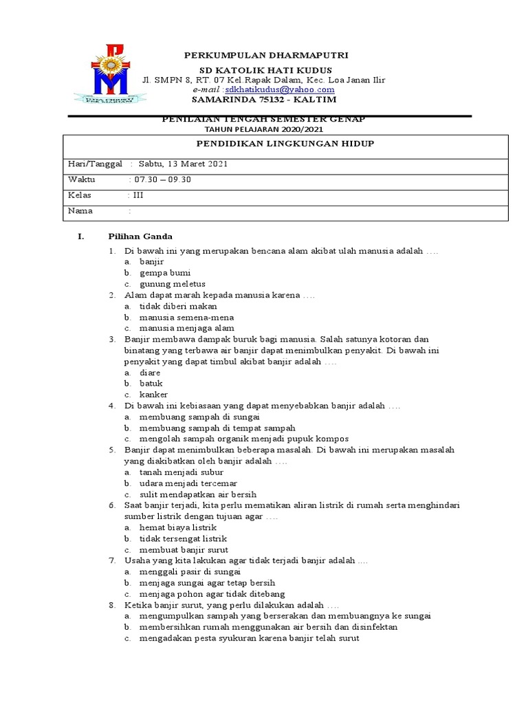 Soal PTS 2 PLH Kelas 3 | PDF
