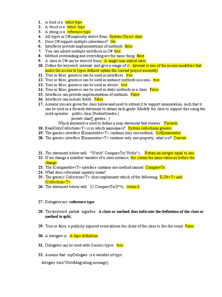 Quiz Pdf C Sharp Programming Language Class Computer Programming 7637