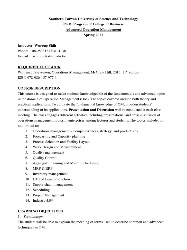 Operation Management - Syllabus - STUST | PDF | Operations Management ...