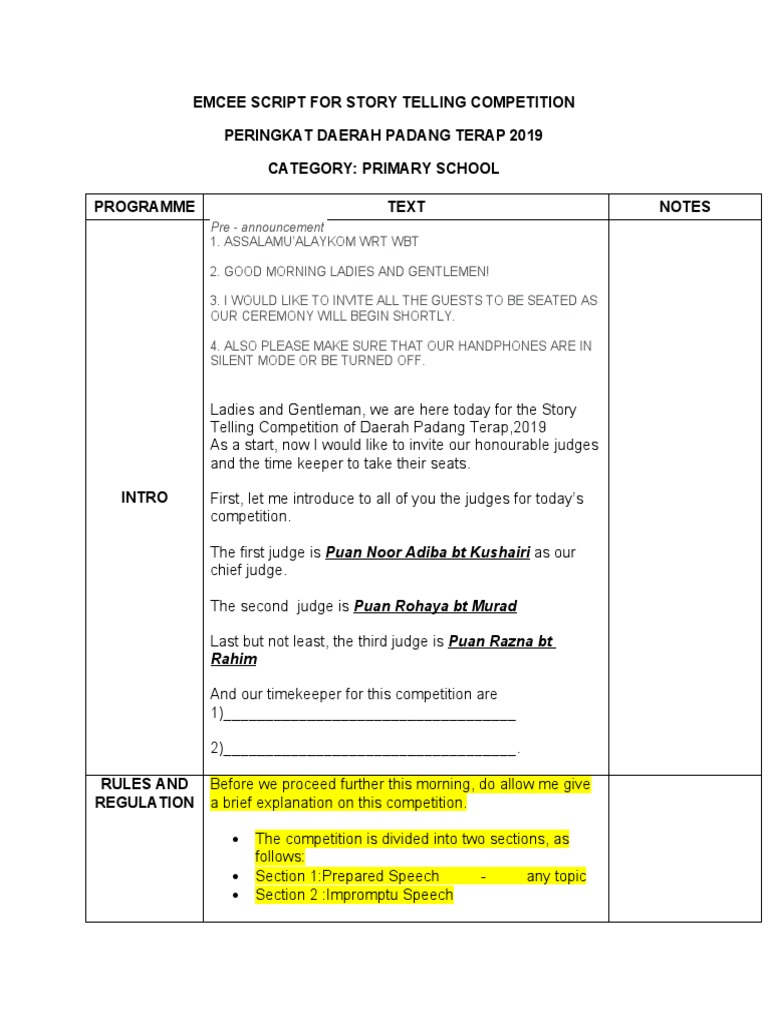 Emcee Script for Storytelling Contest 2019 | PDF | Language Arts ...