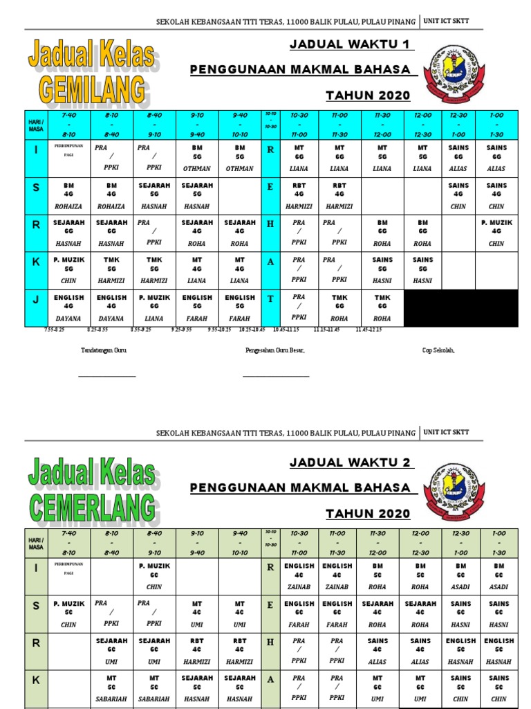 Jadual Waktu 1 Penggunaan Makmal Bahasa TAHUN 2020: Sekolah Kebangsaan ...