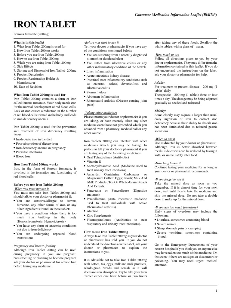 Ferrous Fumarate 200mg Information Leaflet | PDF | Rtt | Pharmacology