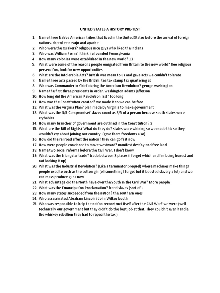 United States A History Pre-Test | PDF