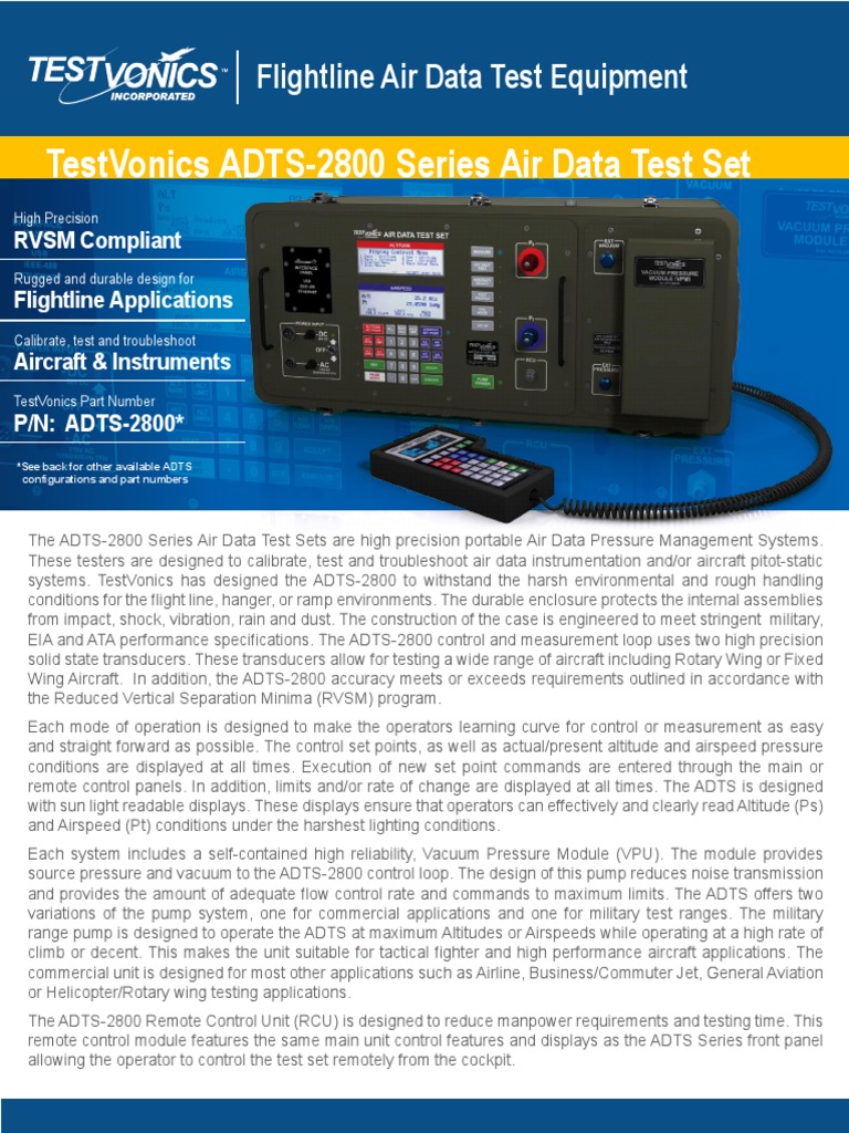 Testvonics Adts-2800 Series Air Data Test Set | PDF | Airspeed | Aviation
