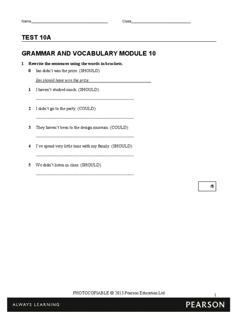 Test 10A Grammar and Vocabulary Module 10: 1 Rewrite The Sentences ...