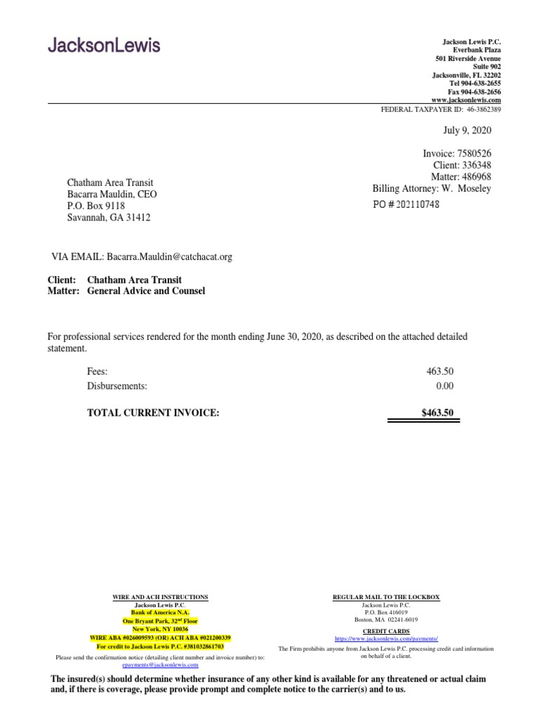 Jackson Lewis Invoice From July 9 | PDF | Payments | Financial Services