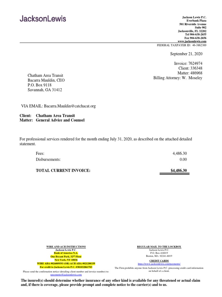 Jackson Lewis Invoice From Sept. 21 | PDF | Credit Card | Invoice