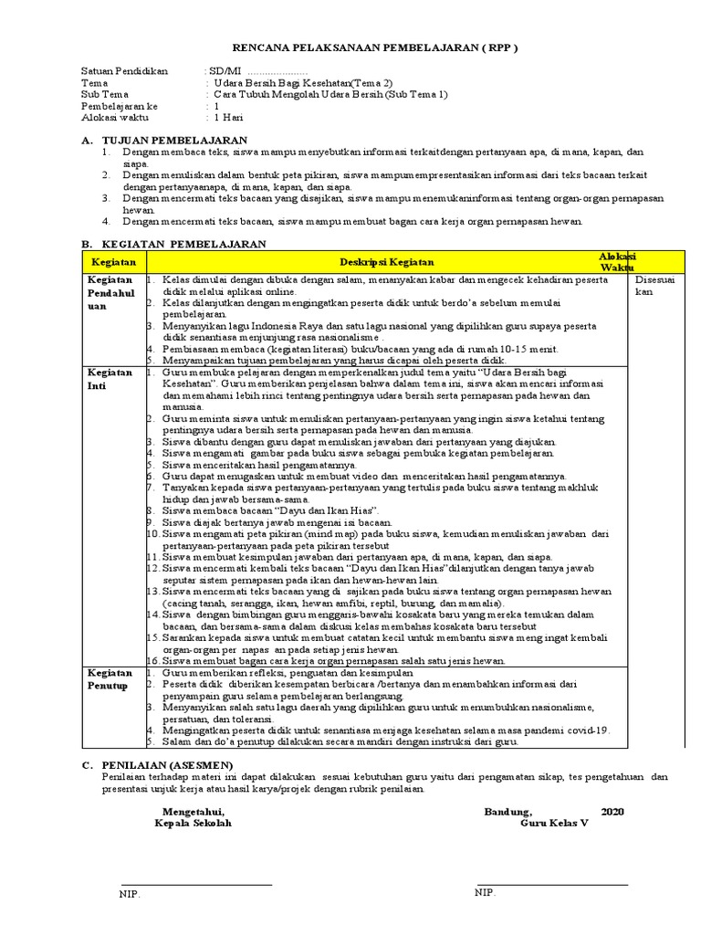 RPP Daring Kelas 5 Tema 2 ST 1 | PDF