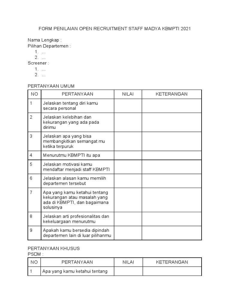 Form Penilaian Open Recruitmen Staff Madya Kbmpti 2021 | PDF
