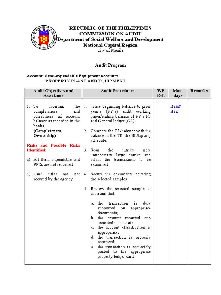 DSWD NCR - Audit Program Semi Expendable and PPE | PDF | Audit ...