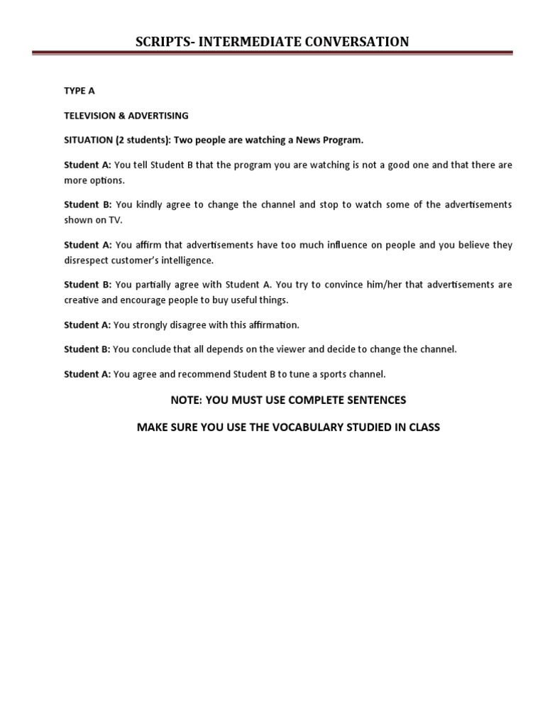 Scripts - Intermediate Conversation | PDF | Pub | Conversation