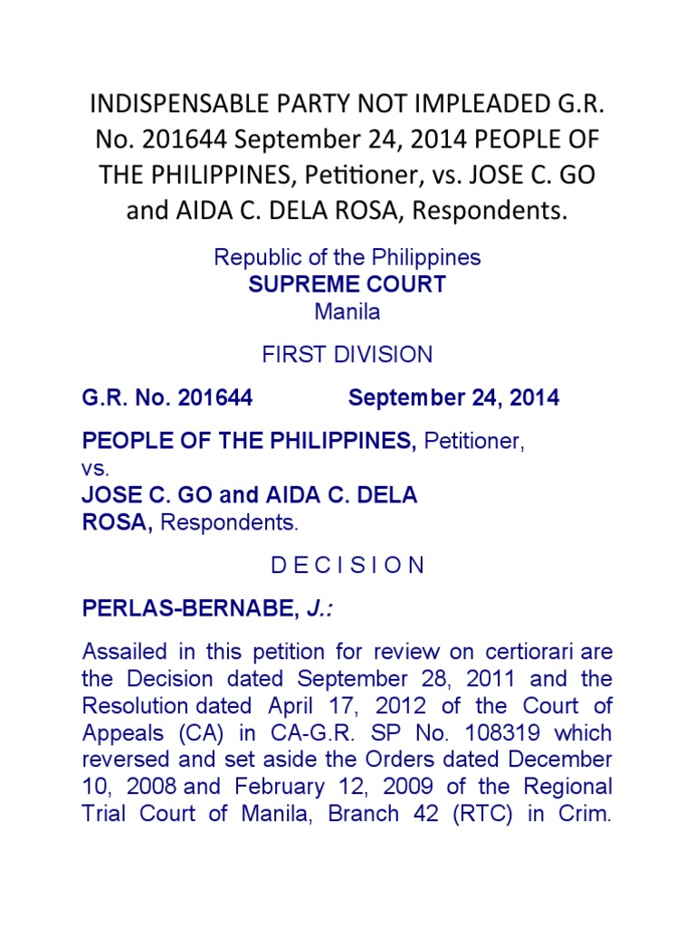 Failure to Implead Indispensable Party | PDF | Certiorari | Prosecutor