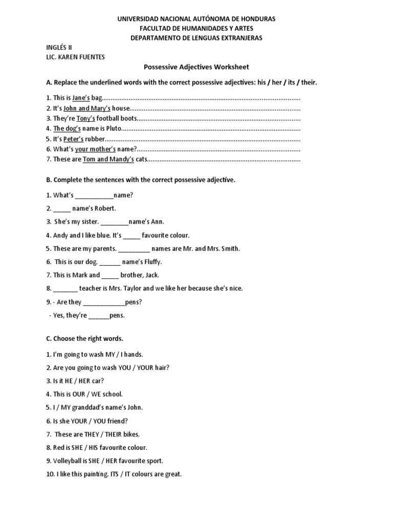 Possessive Adjectives In Spanish Worksheet Spanish Possessive