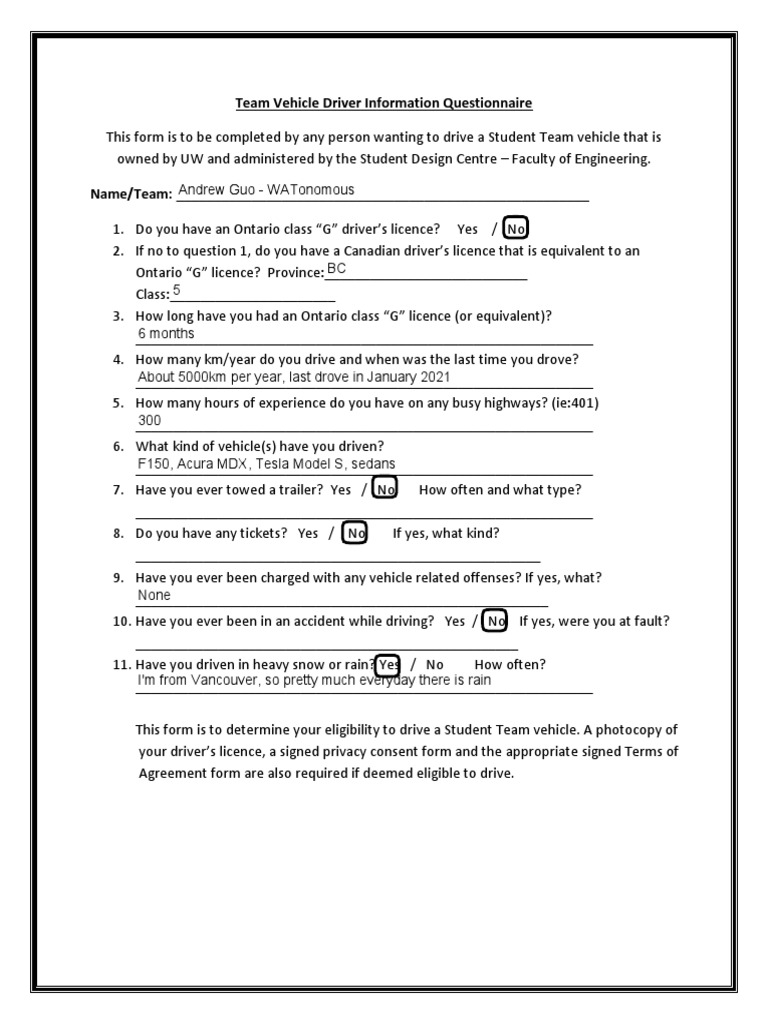 Team Vehicle Questionnaire | PDF