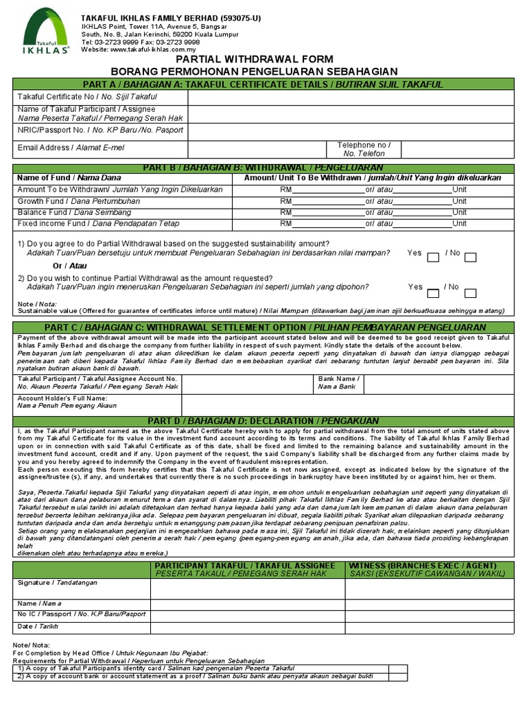 Partial Withdrawal Form Borang Permohonan Pengeluaran Sebahagian | PDF ...