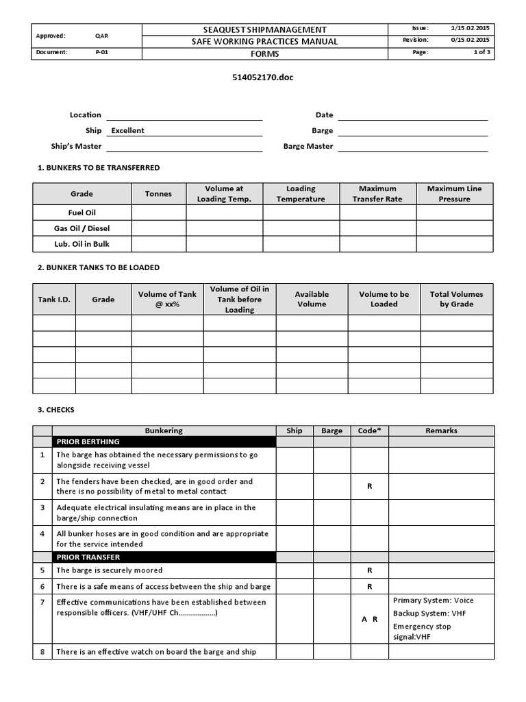 Bunkering Safety Checklist | PDF | Fuel Oil | Ships