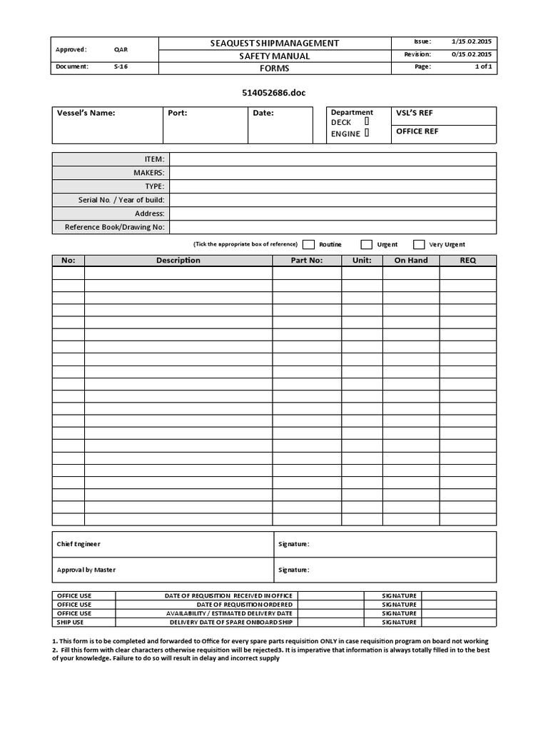 Vessel's Name: Port: Date: VSL'S Ref Office Ref: Seaquest ...