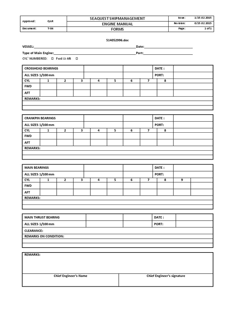 Seaquest Shipmanagement Engine Manual Forms: CYL Numbered: FWD Aft ...