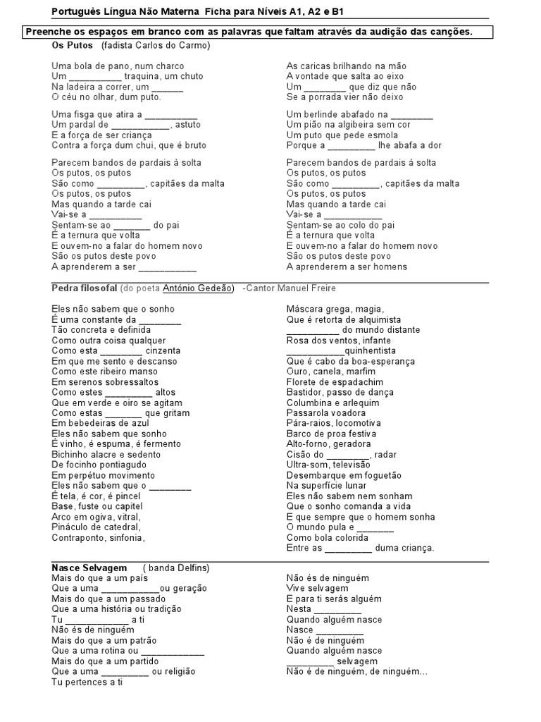Letras de Canções Atividade de PLNM | PDF