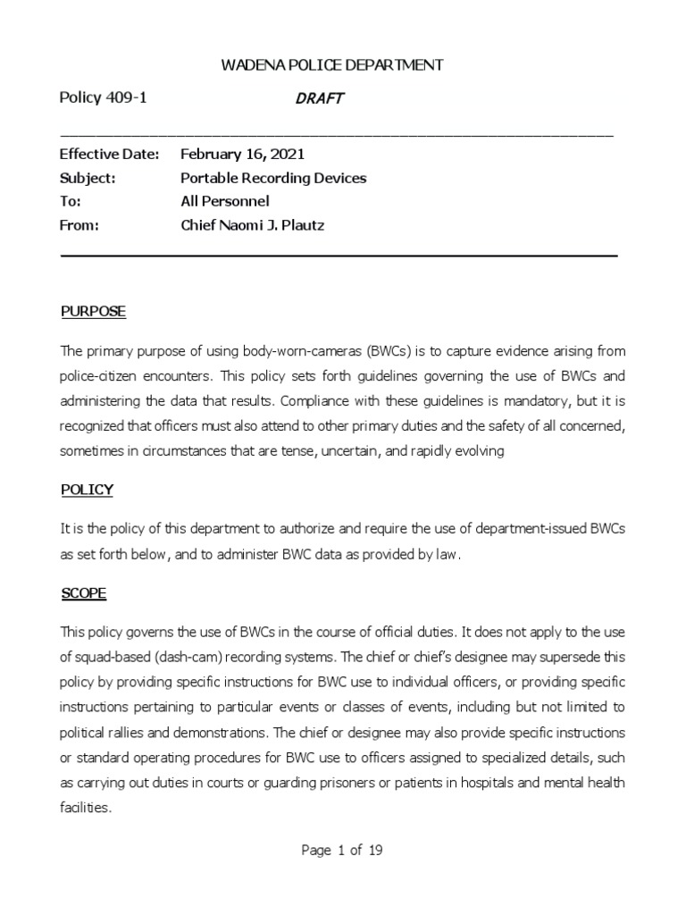 Body Camera Policy | PDF | Arrest | Police