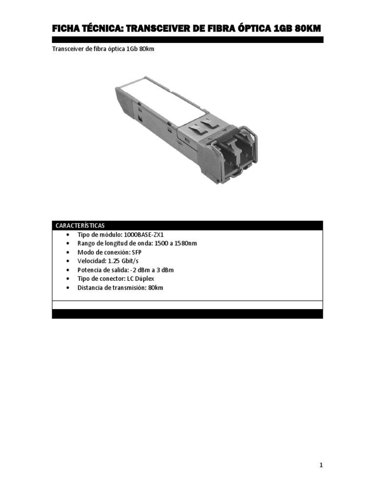 Ficha Técnica Transceiver de Fibra Optica 1Gb 80km | PDF