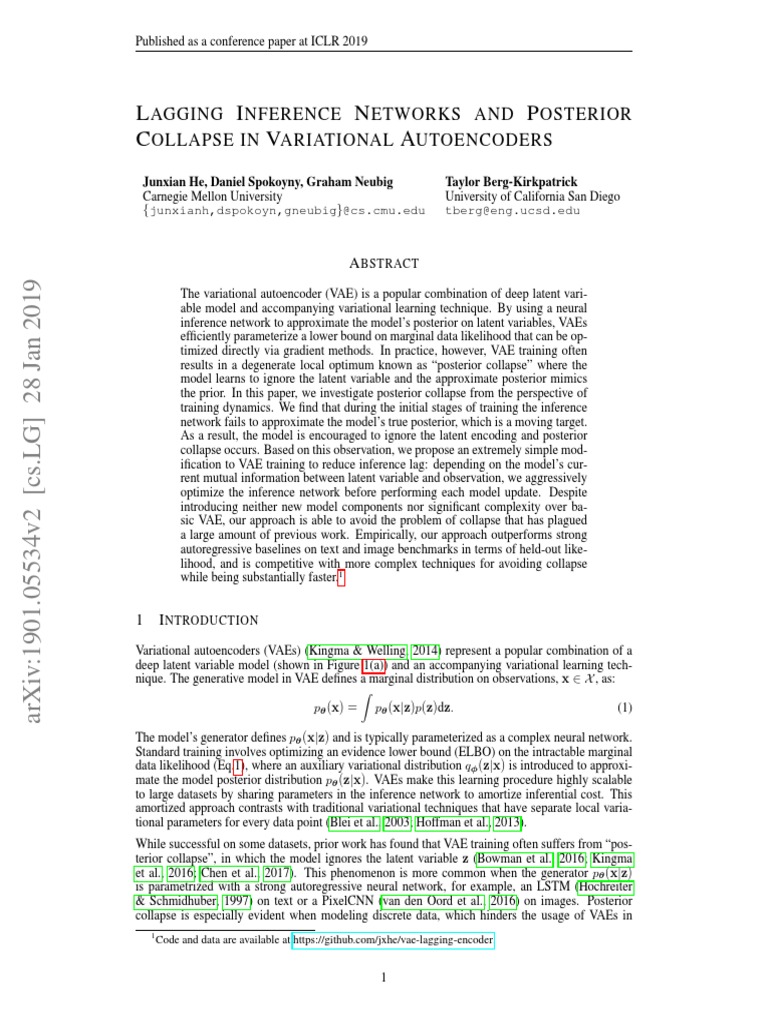 2019 - 1 - Lagging Inference Networks and Posterior Collapse in Variational Autoencoders | PDF ...