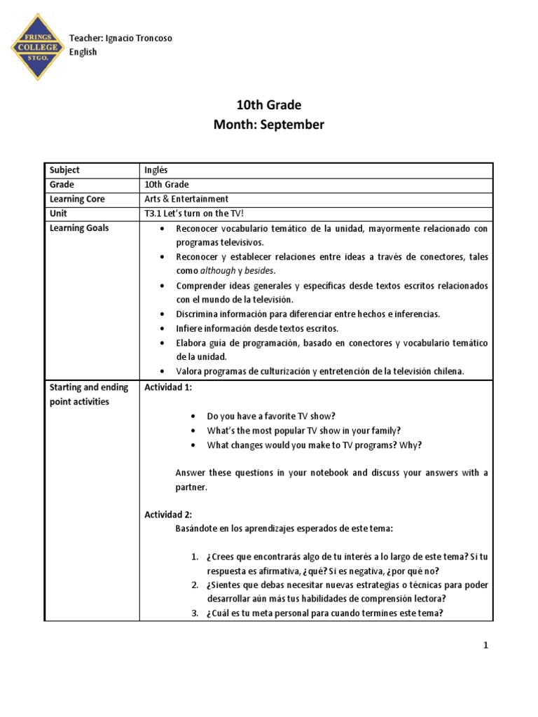 10th Grade Month: September: Subject Grade Learning Core Unit Learning ...