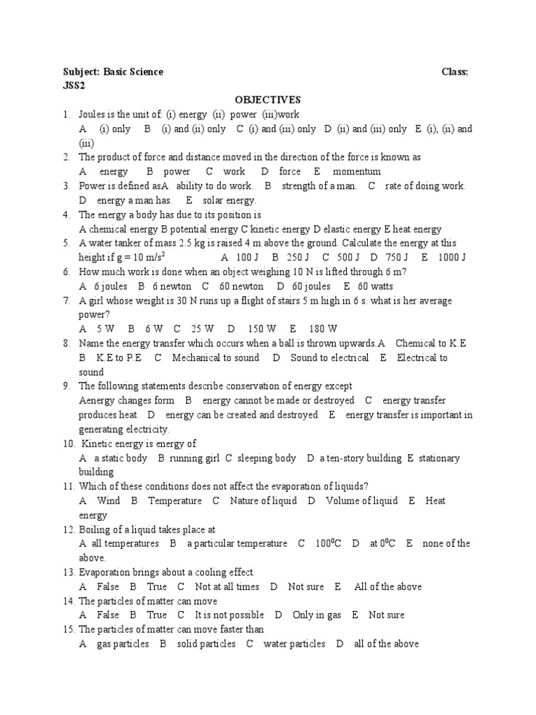 Subject: Basic Science Class: Jss2 Objectives | PDF | Liquids | Marriage
