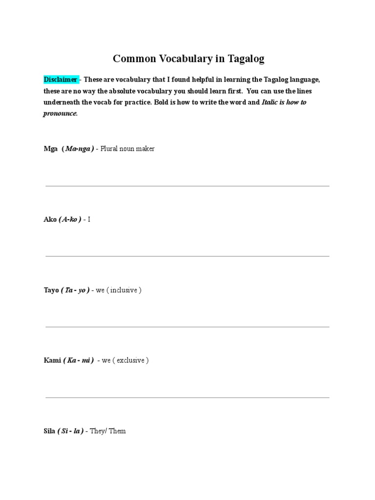 Basic Tagalog Vocabulary Guide | PDF