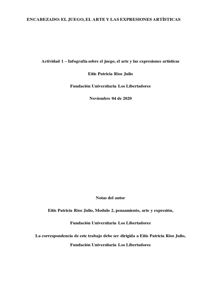 Actividad 1 - El Juego, El Arte y Las Expresiones Artísticas | PDF ...