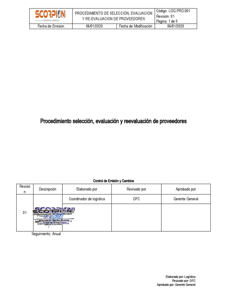 LOG - Pro.001 Procedimiento de Evaluacion y Reevaluacion de Proveedores | PDF | Calidad ...