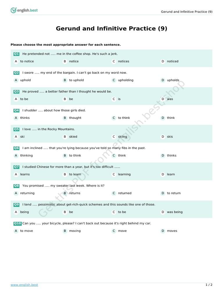 Gerund and Infinitive Practice (9) : Please Choose The Most Appropriate ...