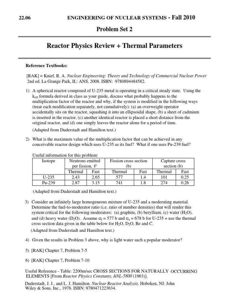 Reactor Physics Review + Thermal Parameters: - Fall 2010 Problem Set 2 ...