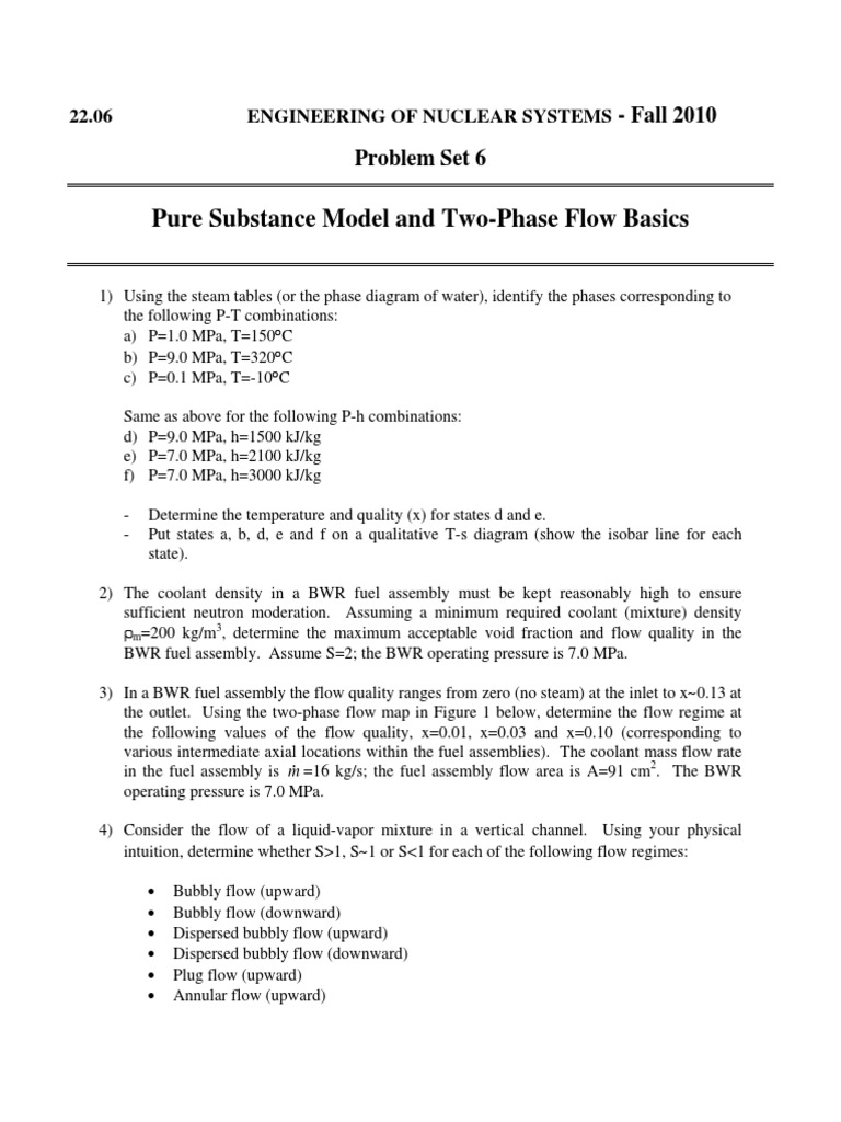 Pure Substance Model and Two-Phase Flow Basics: - Fall 2010 Problem Set ...