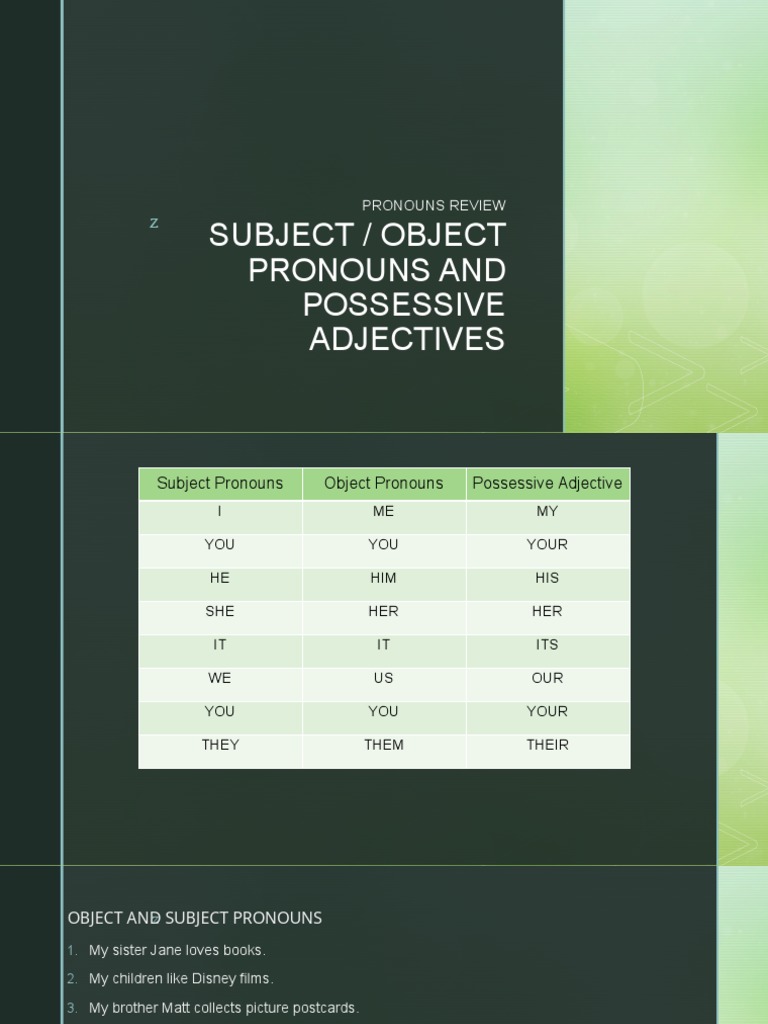 Subject / Object Pronouns and Possessive Adjectives | PDF | Language ...