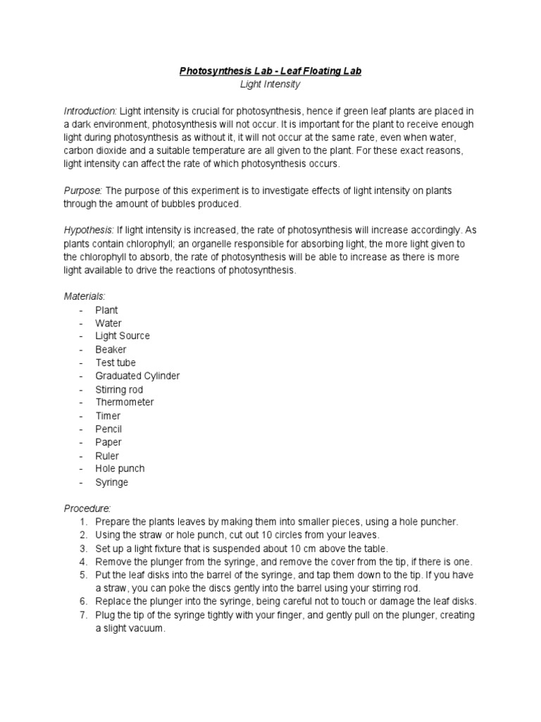 Light Intensity: Photosynthesis Lab - Leaf Floating Lab | Download Free ...